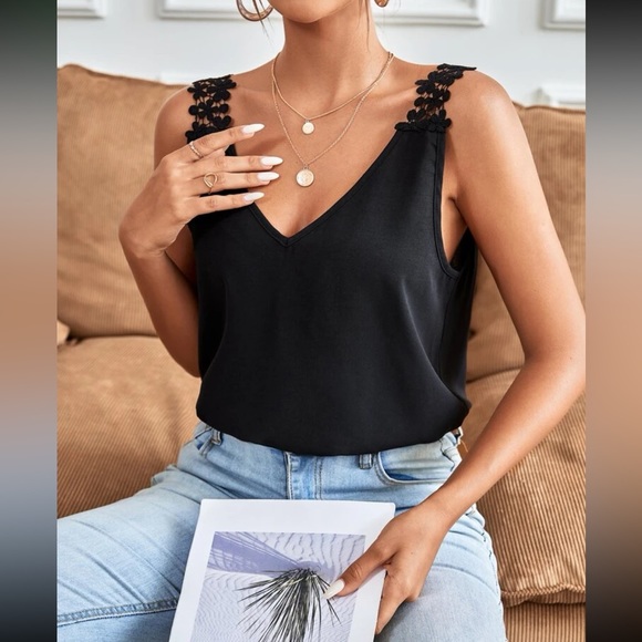 Tops | Boho Black Floral Lace Back Cami Top | Poshmark